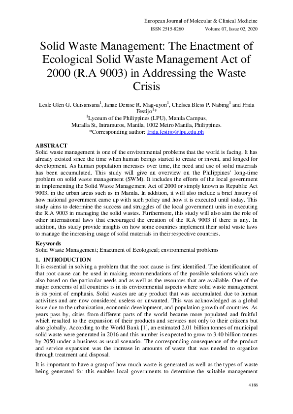 (PDF) Solid Waste Management: The Enactment of Ecological Solid Waste ...