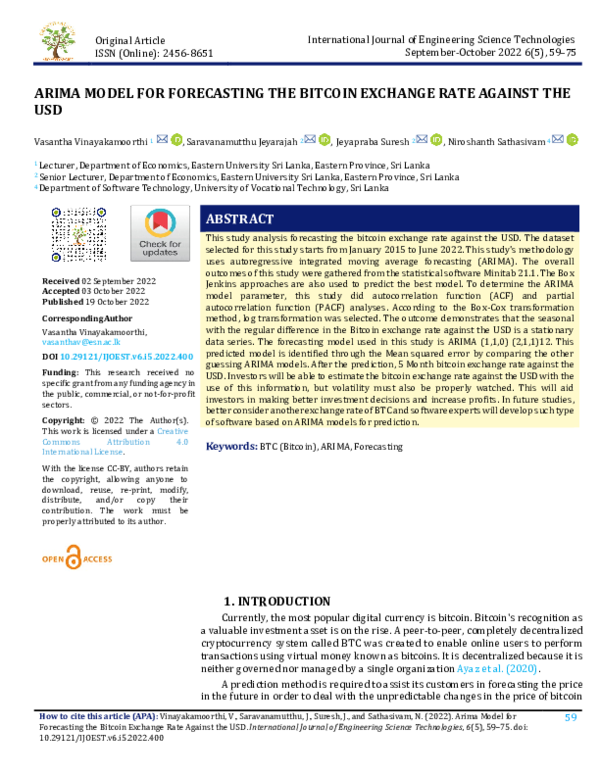 (PDF) ARIMA MODEL FOR FORECASTING THE BITCOIN EXCHANGE RATE AGAINST THE USD