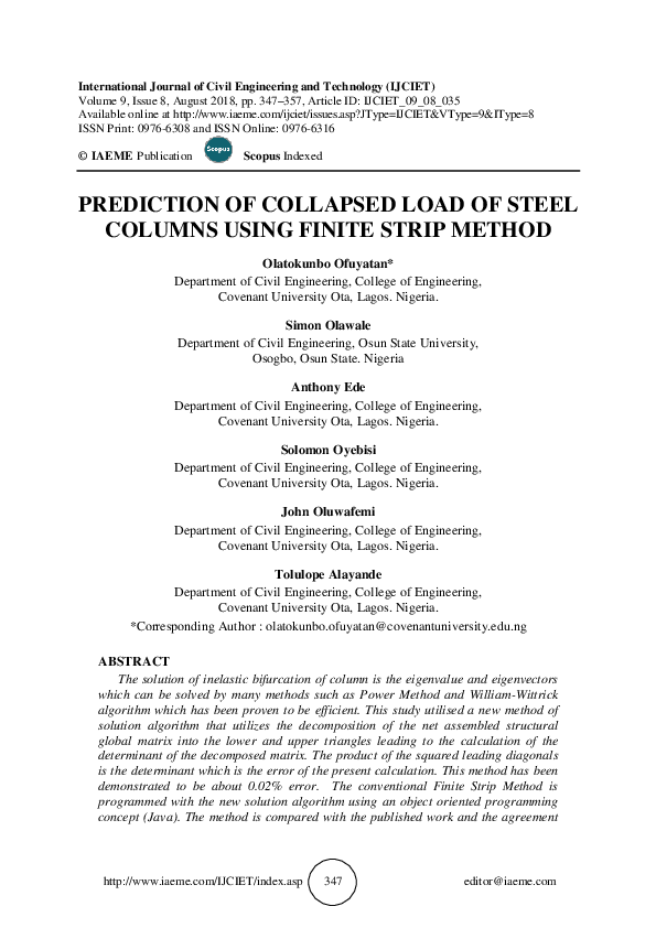 (PDF) Prediction of Collapsed Load of Steel Columns Using Finite Strip Method