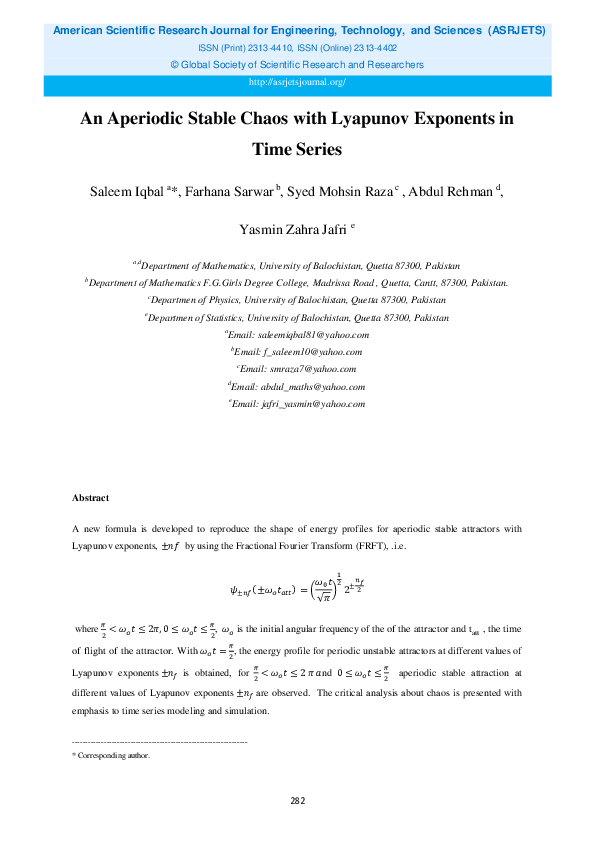 (PDF) An Aperiodic Stable Chaos with Lyapunov Exponents in Time Series