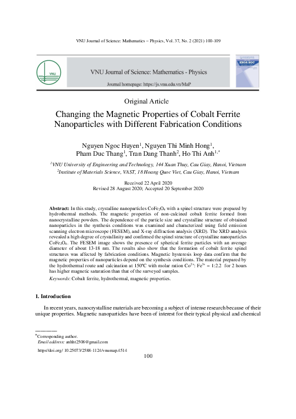 (PDF) Changing the Magnetic Properties of Cobalt Ferrite Nanoparticles with Different ...