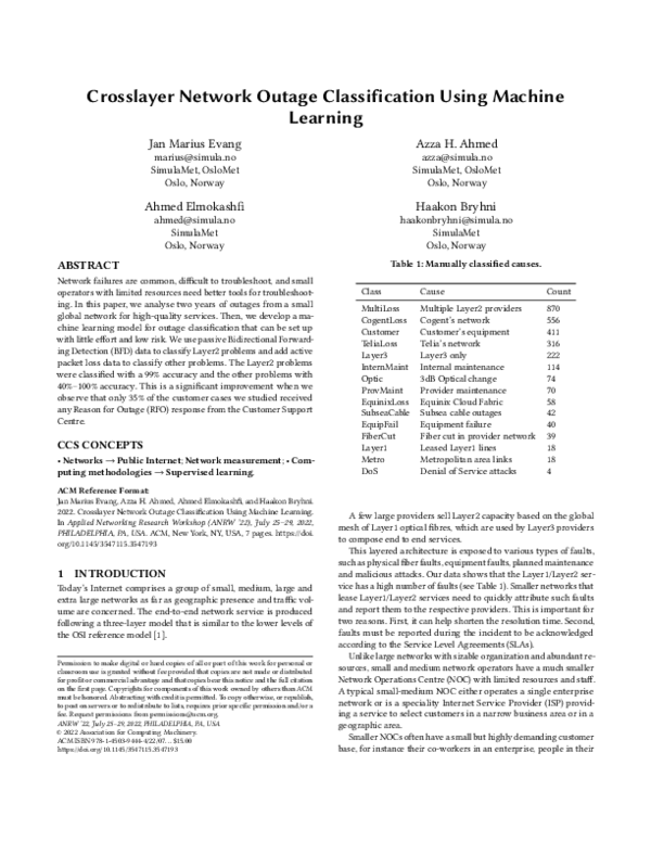 (PDF) Crosslayer network outage classification using machine learning