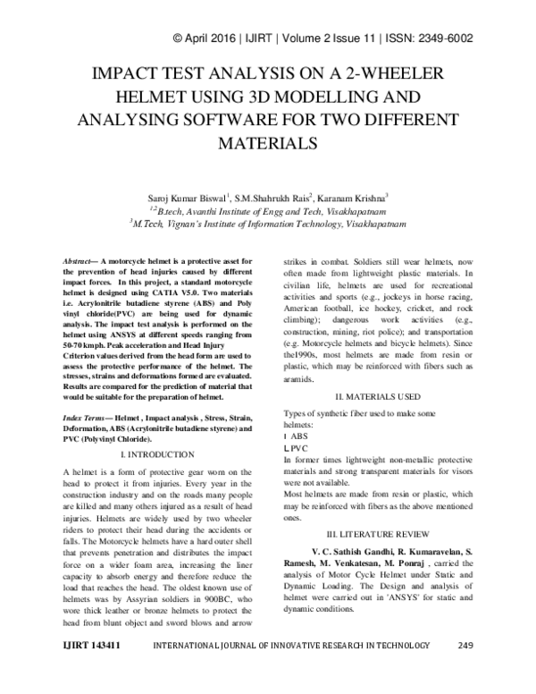(PDF) Impact Test Analysis on a 2-WHEELER Helmet Using 3D Modelling and ...
