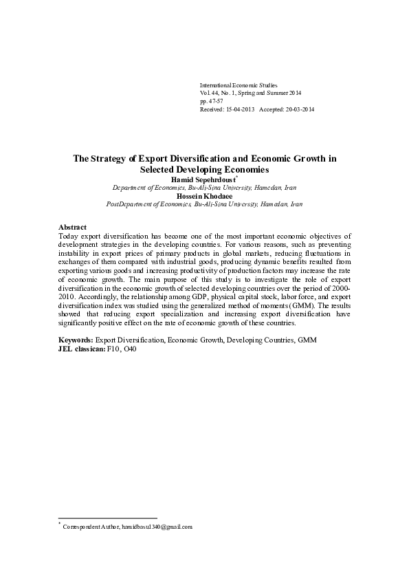 (PDF) The Strategy of Export Diversification and Economic Growth in ...