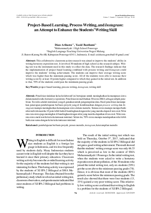 (PDF) Project-Based Learning, Process Writing, and Instagram: an Attempt to Enhance the Students ...