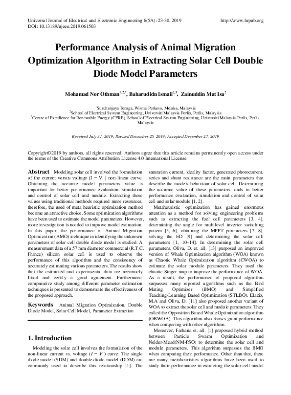 (PDF) Performance Analysis of Animal Migration Optimization Algorithm in Extracting Solar Cell ...