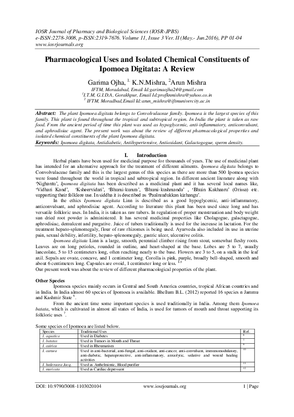 (PDF) Pharmacological Uses and Isolated Chemical Constituents of Ipomoea Digitata : A Review