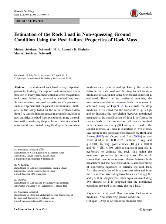 (PDF) Estimation of the Rock Load in Non-squeezing Ground Condition Using the Post Failure ...
