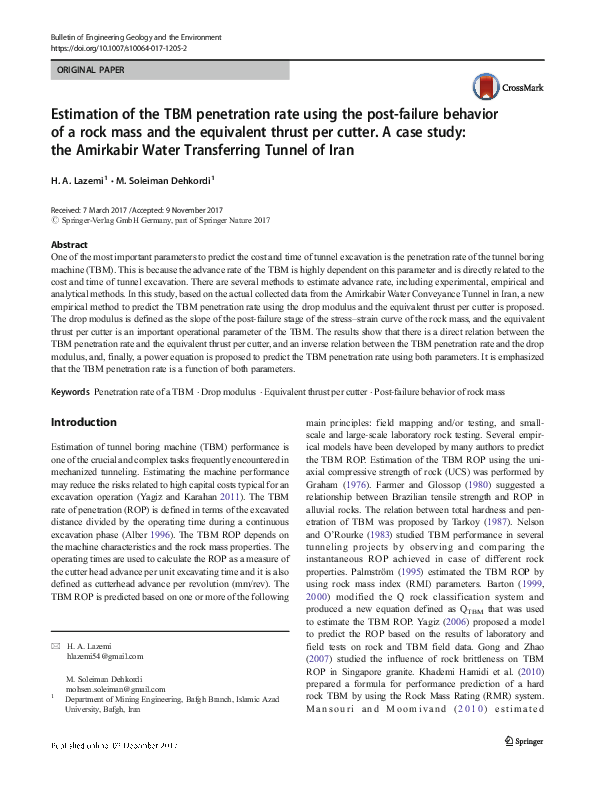 (PDF) Estimation of the TBM penetration rate using the post-failure behavior of a rock mass and ...