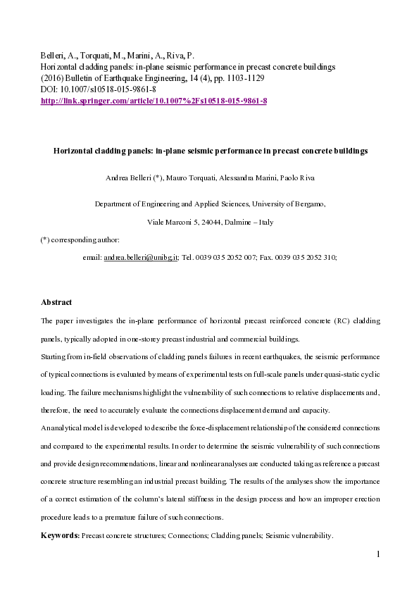 (PDF) Horizontal cladding panels: in-plane seismic performance in ...