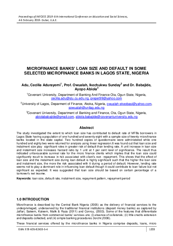 (PDF) Microfinance Banks’ Loan Size and Default in Some Selected ...
