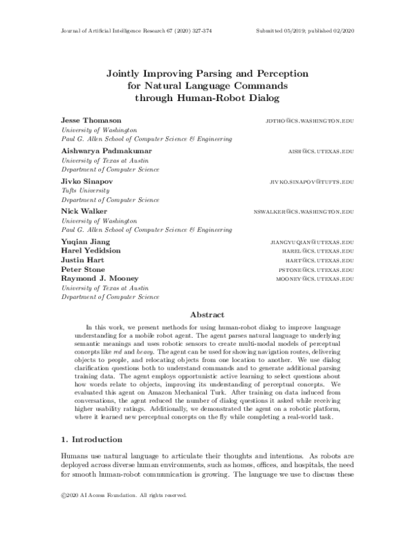 Pdf Jointly Improving Parsing And Perception For Natural Language Commands Through Human Robot 