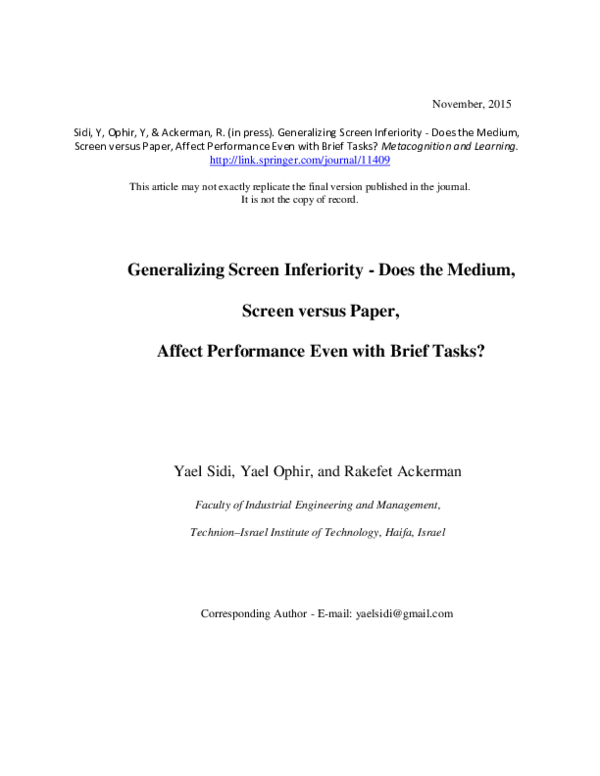 (PDF) Generalizing screen inferiority - does the medium, screen versus ...