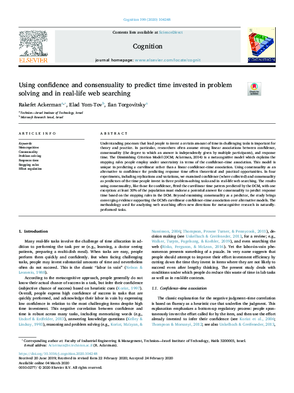 (PDF) Using confidence and consensuality to predict time invested in problem solving and in real ...