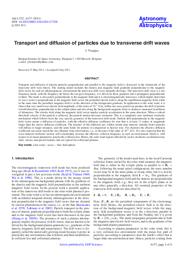 (PDF) Transport and diffusion of particles due to transverse drift waves