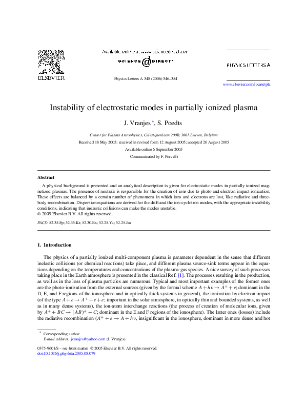 (PDF) Instability of electrostatic modes in partially ionized plasma