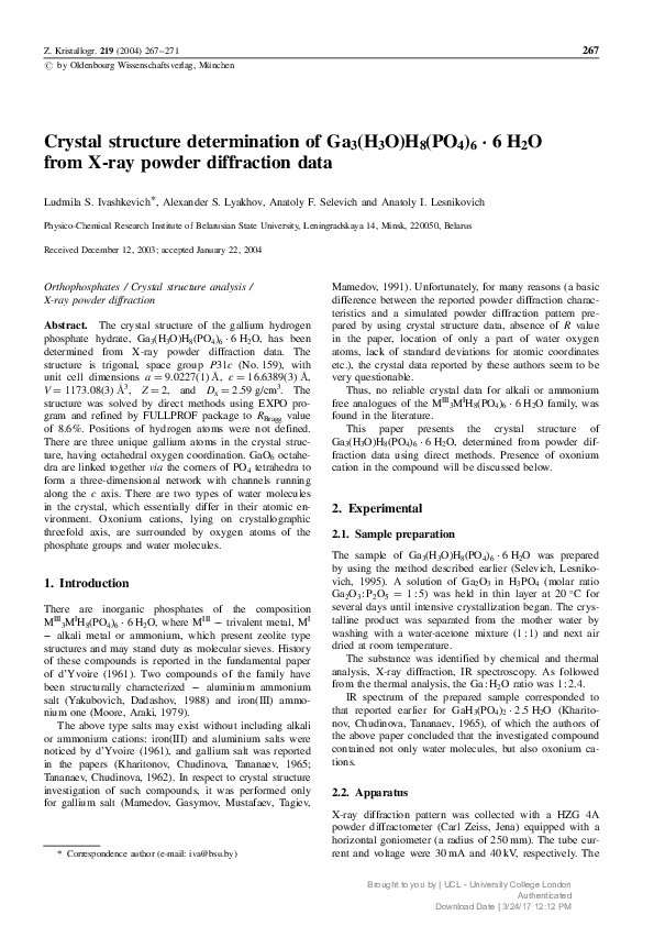 (PDF) Crystal structure determination of Ga 3 (H 3 O)H 8 (PO 4 ) 6 · 6 ...