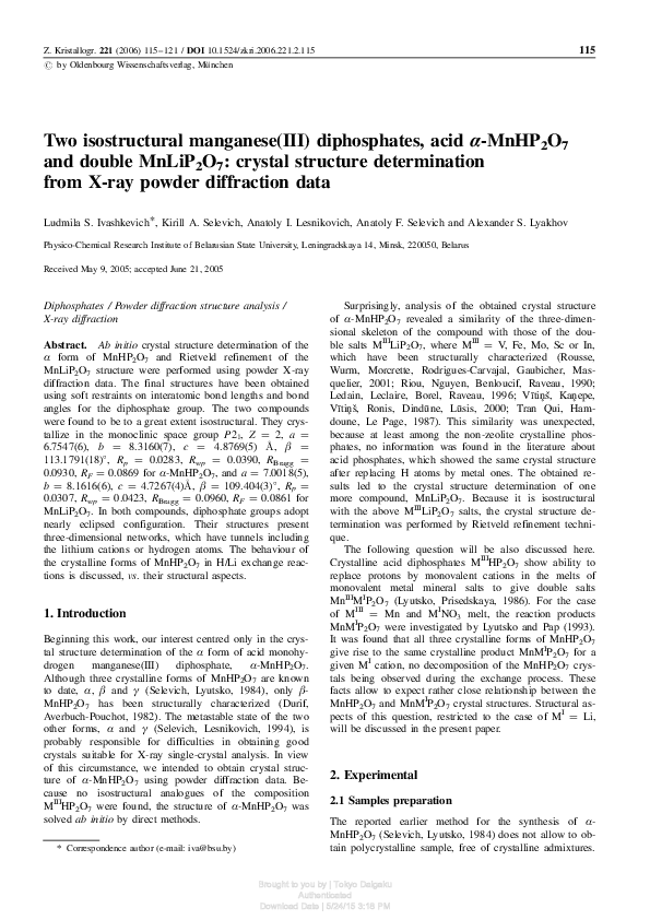 (PDF) Two isostructural manganese (III) diphosphates, acid α-MnHP2O7 ...