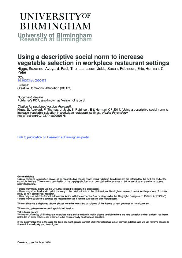 (PDF) Using a Descriptive Social Norm to Increase Vegetable Selection ...