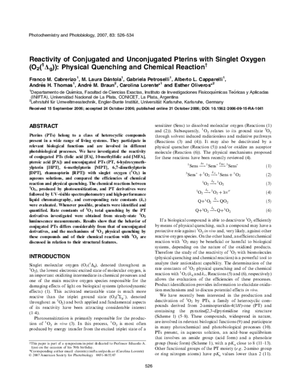 (PDF) Reactivity of Conjugated and Unconjugated Pterins with Singlet ...