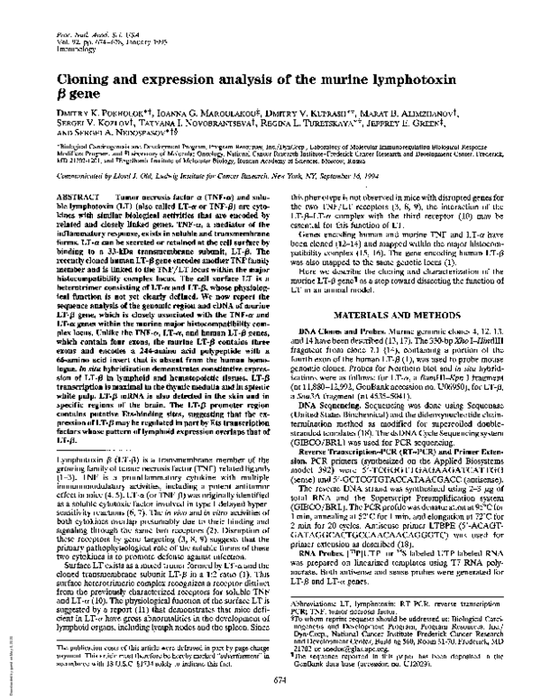 (PDF) Cloning and expression analysis of the murine lymphotoxin beta gene