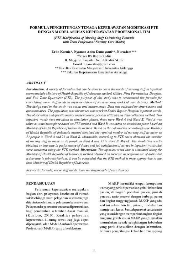 (PDF) Formula Penghitungan Tenaga Keperawatan Modifikasi FTE dengan ...