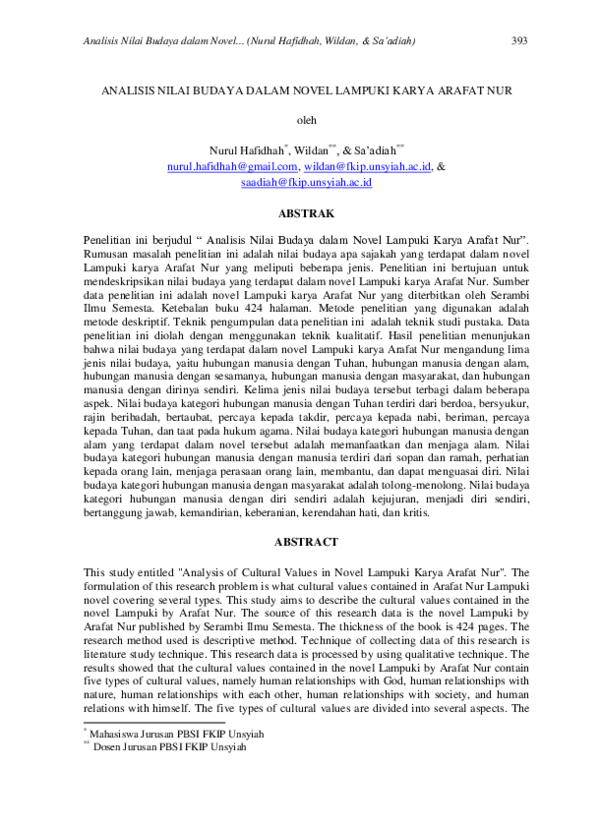 (PDF) Analisis Nilai Budaya Dalam Novel Lampuki Karya Arafat Nur