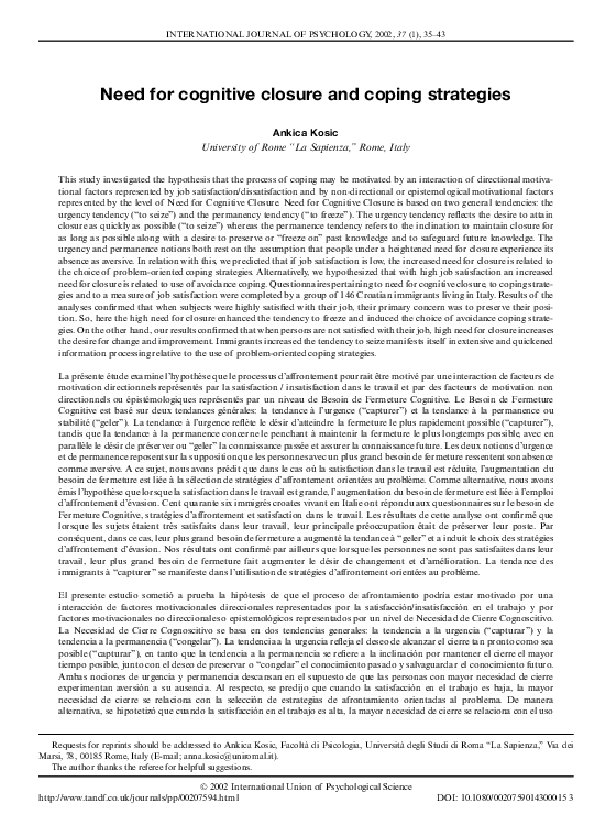 (PDF) Need for cognitive closure and coping strategies