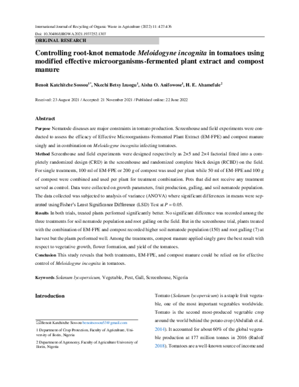 (PDF) Controlling root-knot nematode Meloidogyne incognita in tomatoes ...