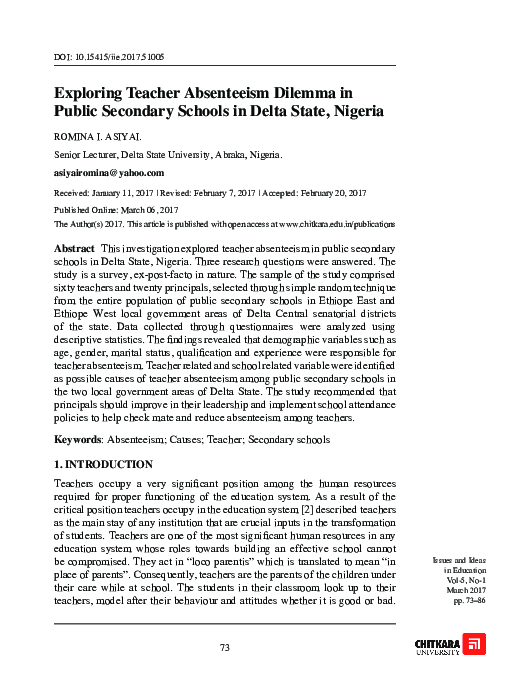(PDF) Exploring Teacher Absenteeism Dilemma in Public Secondary Schools ...
