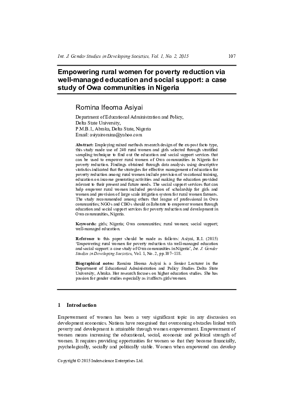 (PDF) Empowering rural women for poverty reduction via well-managed ...