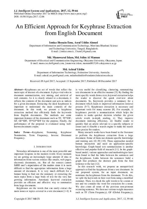 An Efficient Approach For Keyphrase Extraction From English Document