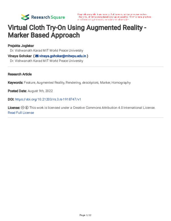 (PDF) Augmented Reality for Virtual Cloth Try-On