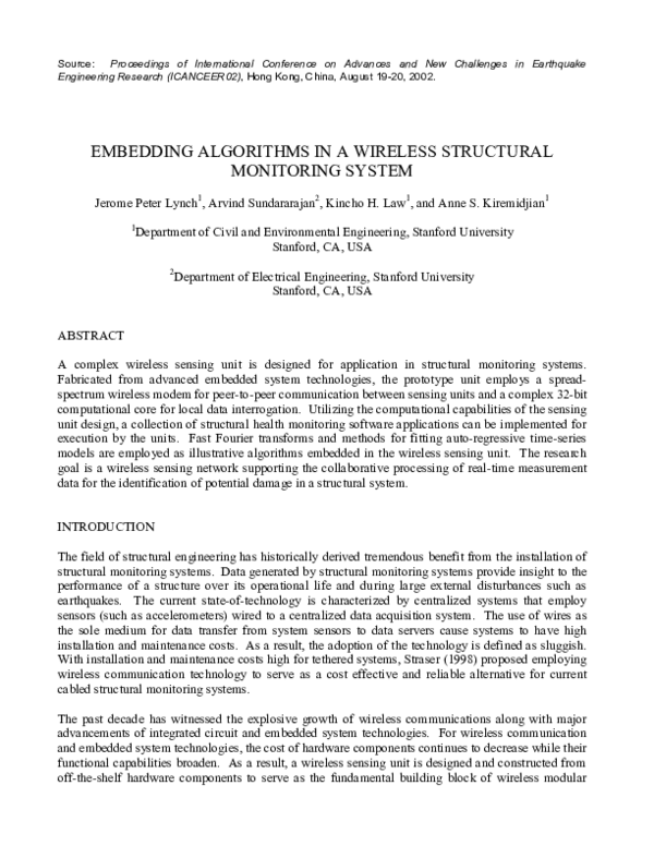 Pdf Embedding Algorithms In A Wireless Structural Monitoring System Arvind Sundararajan