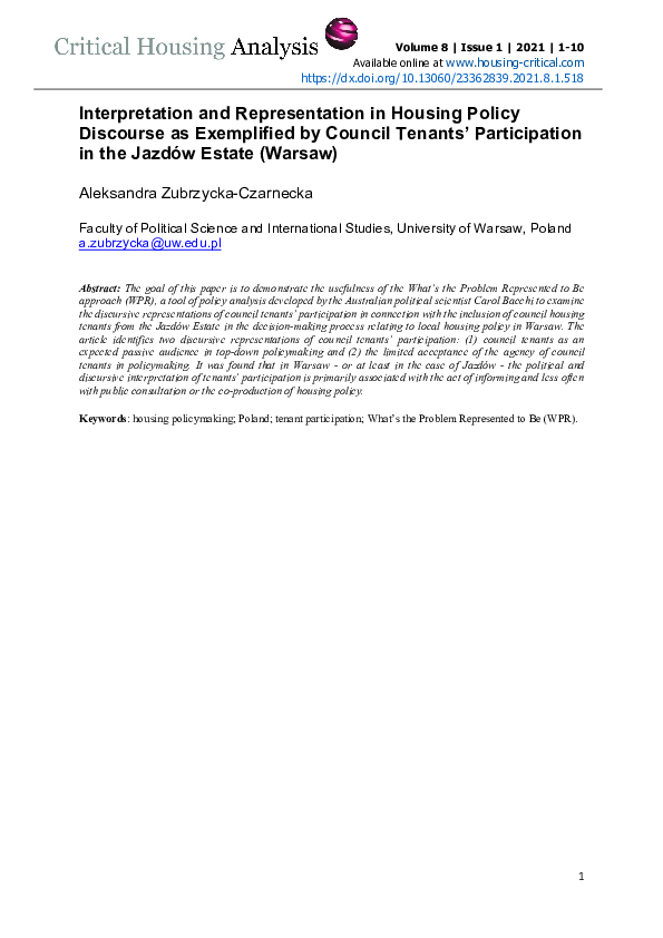 (PDF) Interpretation and Representation in Housing Policy Discourse as ...