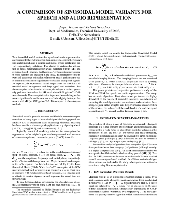 (PDF) A Comparison Of Sinusoidal Model Variants For Speech And Audio Representation