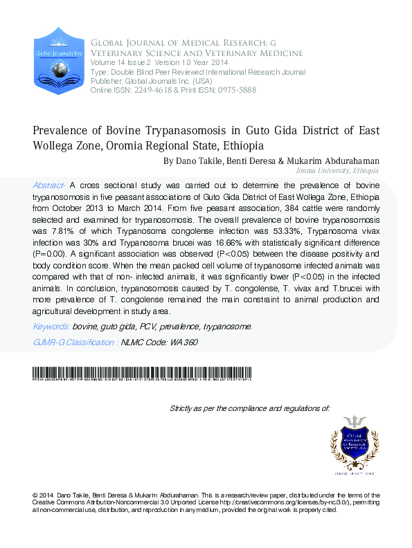 (PDF) Prevalence of Bovine Trypanasomosis in Guto Gida District of East ...