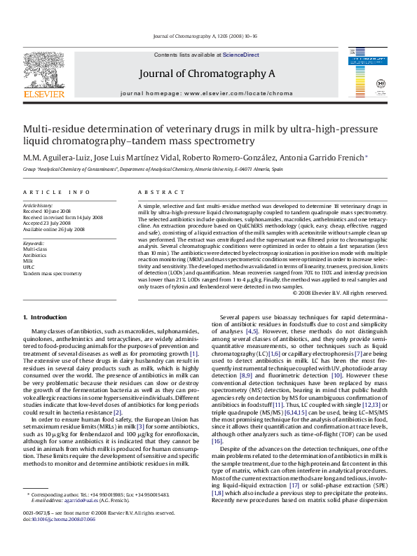 (PDF) Multi-residue determination of veterinary drugs in milk by ultra-high-pressure liquid ...