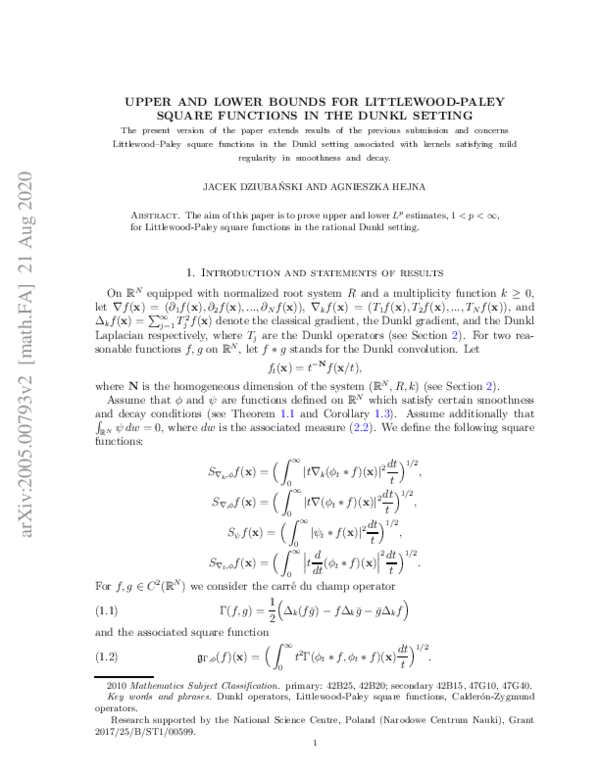 (PDF) Upper and lower bounds for Littlewood–Paley square functions in the Dunkl setting