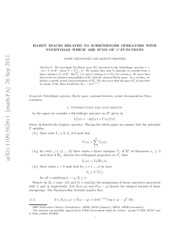 (PDF) Hardy spaces related to Schrödinger operators with potentials which are sums of Lp-functions