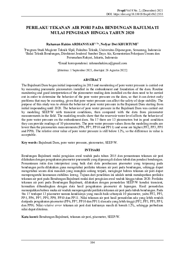 (PDF) Perilaku Tekanan Air Pori Pada Bendungan Bajulmati Mulai Pengisian Hingga Tahun 2020 ...