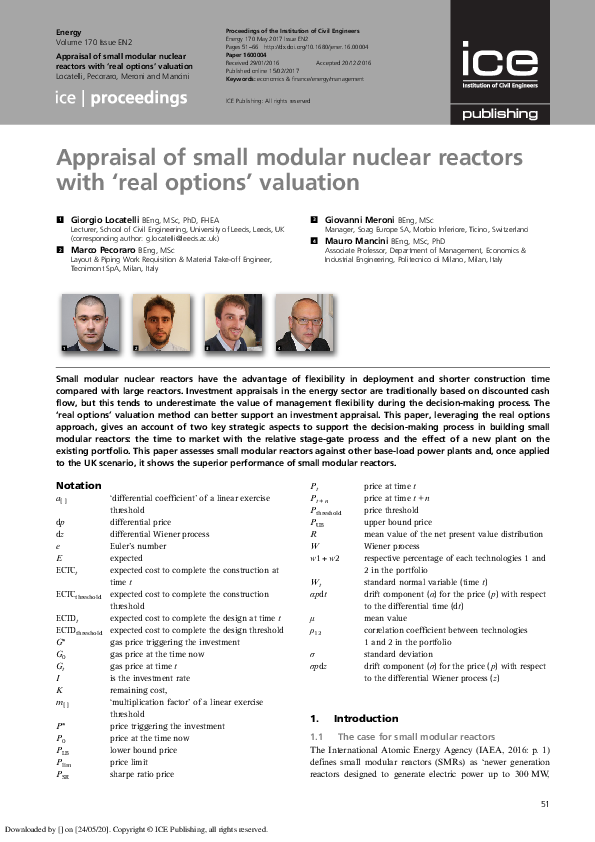 (PDF) Appraisal of small modular nuclear reactors with ‘real options’ valuation | Mauro Mancini ...