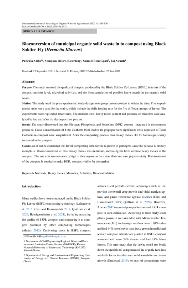 (PDF) Bioconversion of municipal organic solid waste in to compost ...