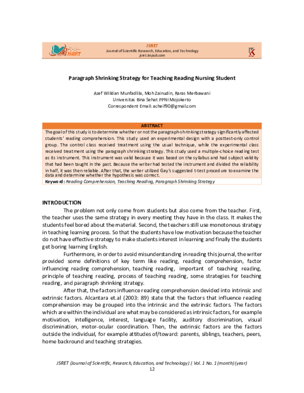 (PDF) Paragraph Shrinking Strategy for Teaching Reading Nursing Student
