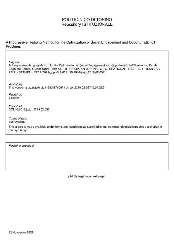Pdf A Progressive Hedging Method For The Optimization Of Social Engagement And Opportunistic
