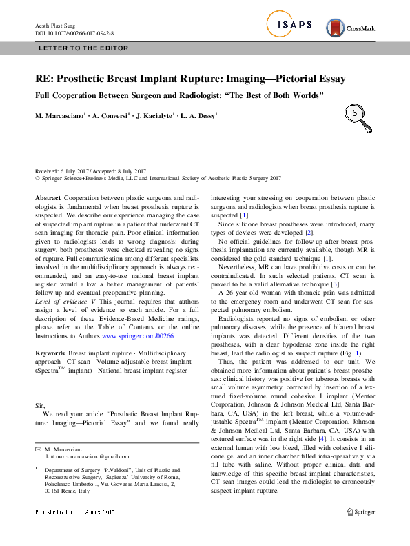 (PDF) RE: Prosthetic Breast Implant Rupture: Imaging—Pictorial Essay | Dr. Andrea Conversi ...