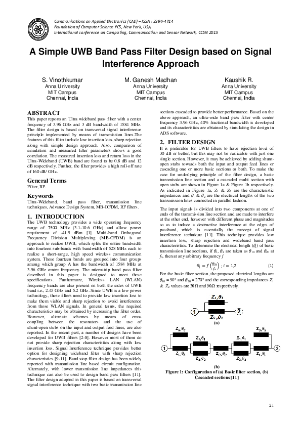 (PDF) A Simple UWB Band Pass Filter Design based on Signal Interference Approach | Dr.Ganesh ...