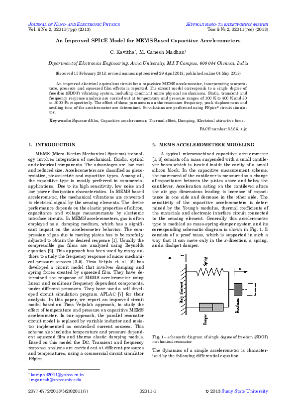 (PDF) An Improved SPICE Model for MEMS Based Capacitive Accelerometers