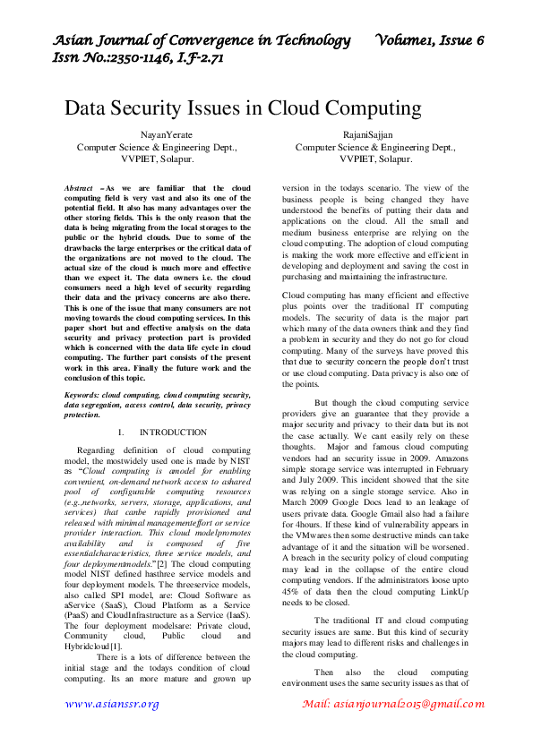 Pdf Data Security Issues In Cloud Computing Poonam Rawat