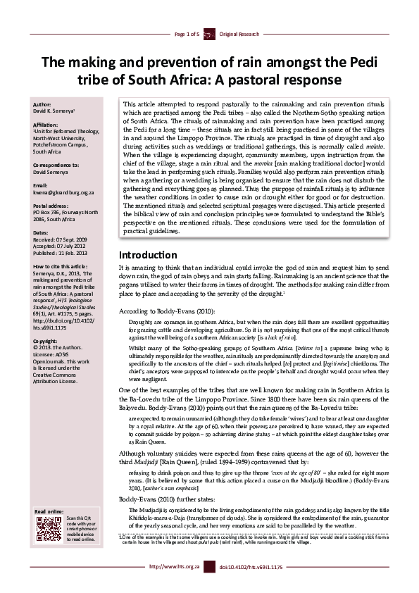 (PDF) The making and prevention of rain amongst the Pedi tribe of South ...